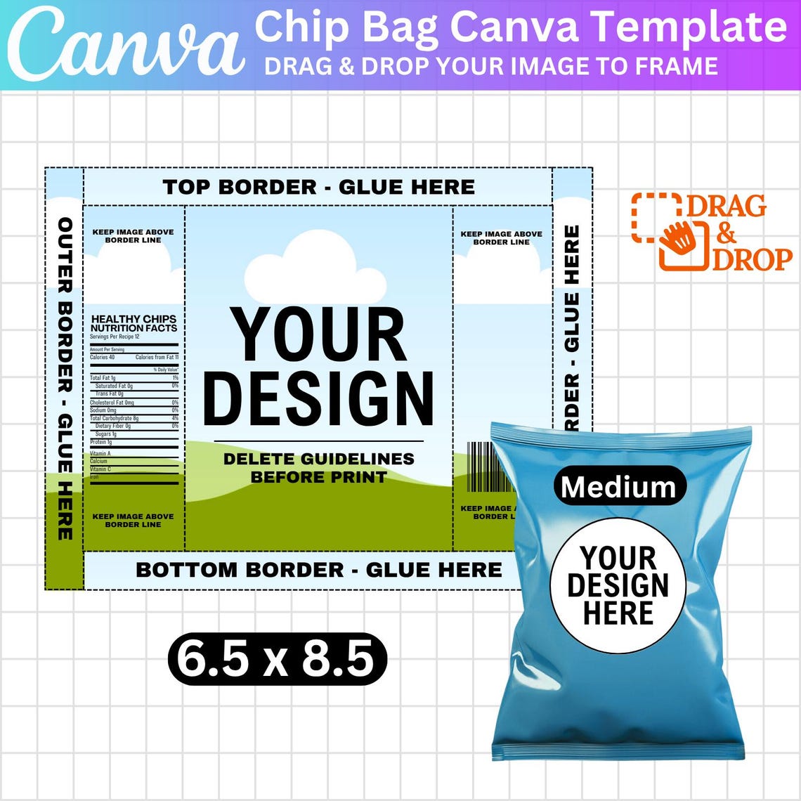 Chip Bag Templates, Chip Bag Label Bundle, 3 Sizes Chip Bag Editable ...