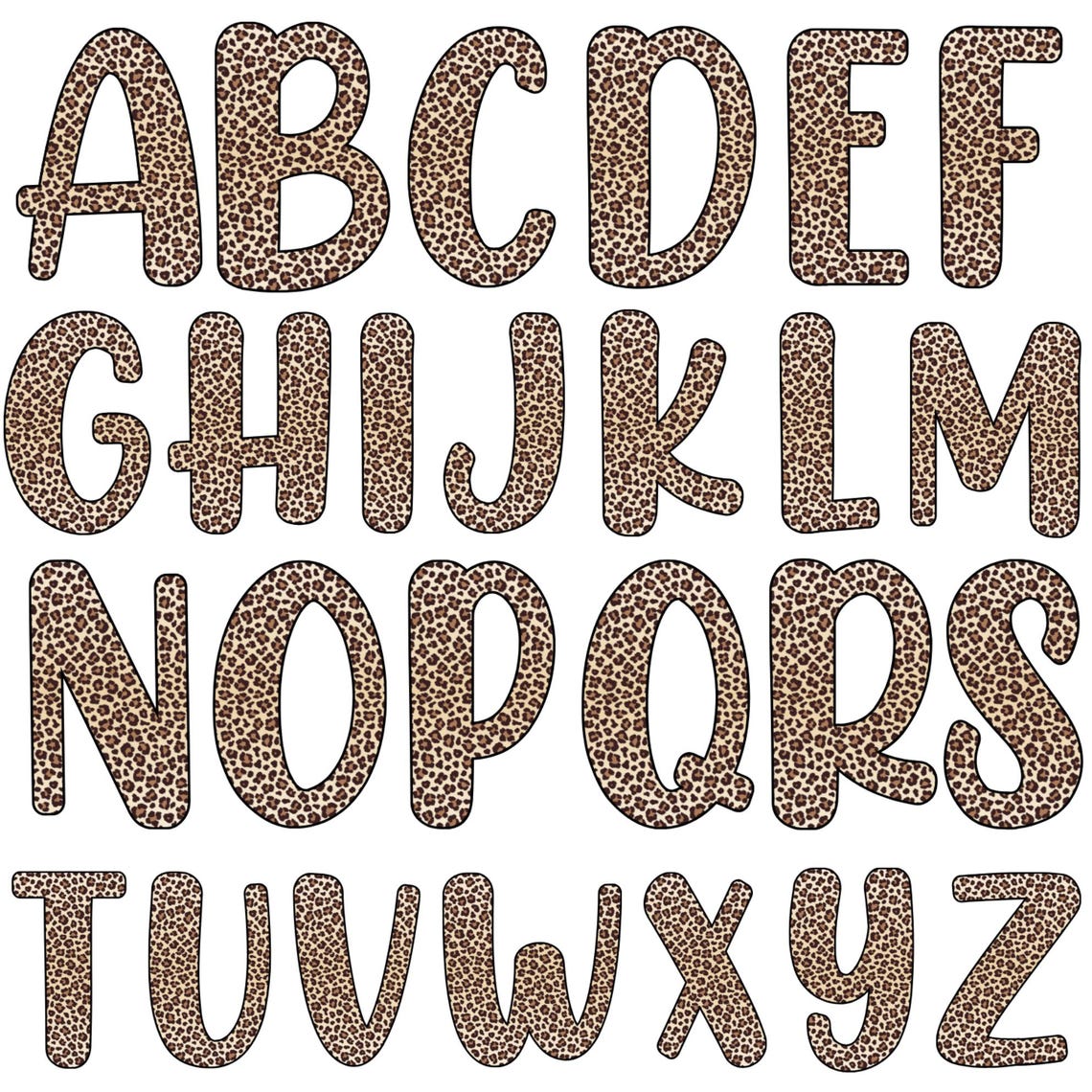 Leopard Doodle Letters Alphabet PNG Bundle, Cheetah Hand Drawn Doodle ...