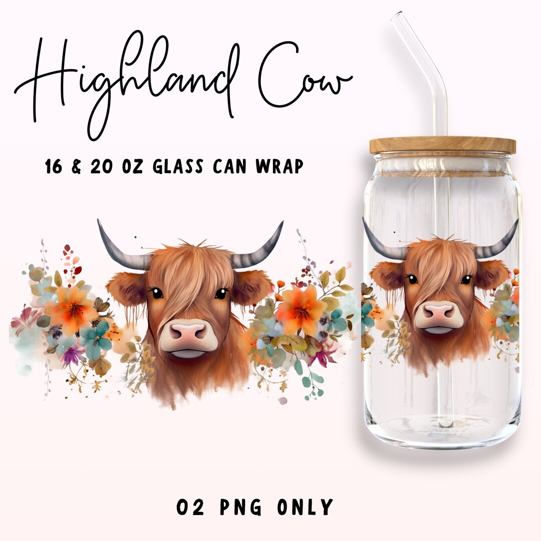 Highland Cow Libbey Glass Wrap PNG, 16oz & 20oz Highland Cow, Floral ...