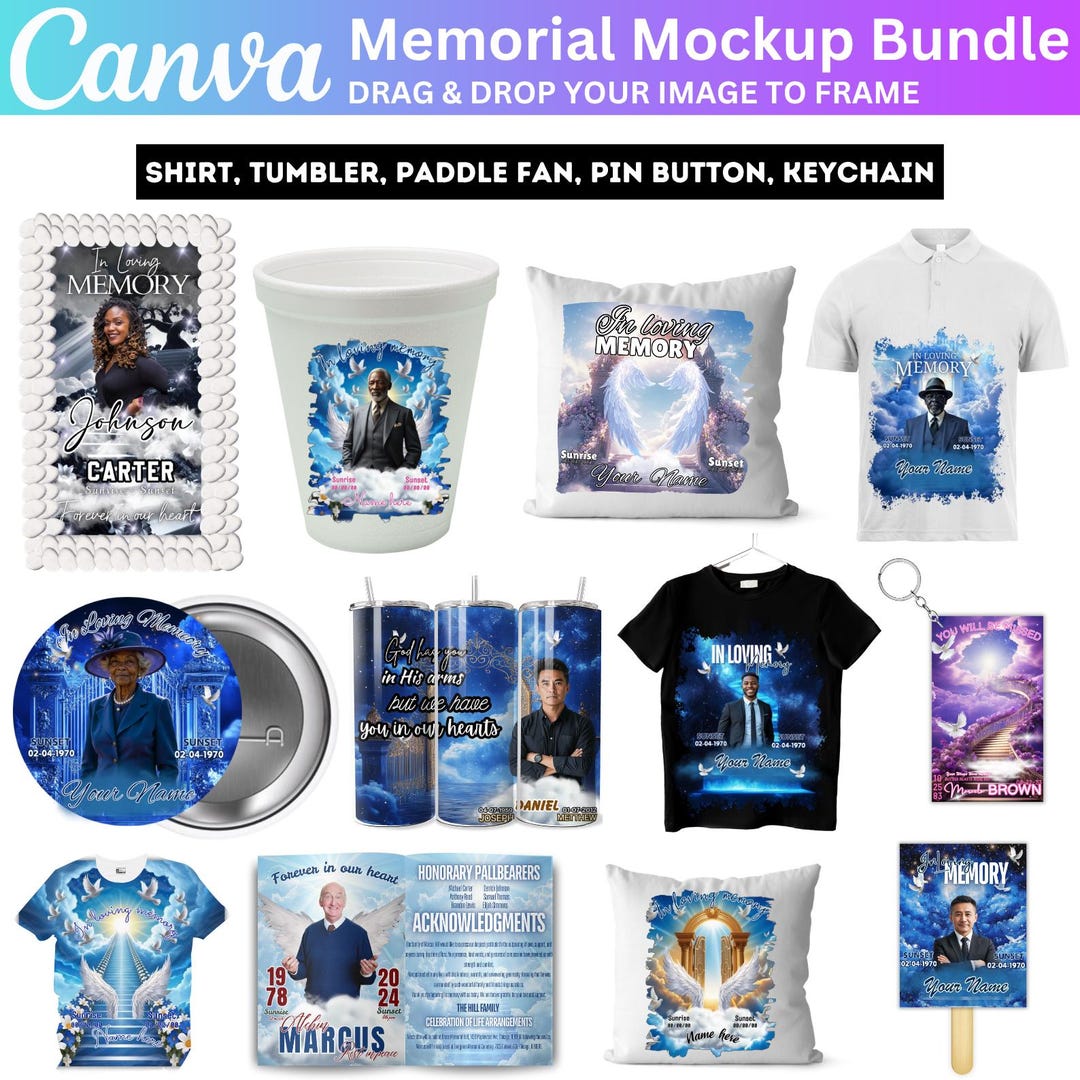 Blue Memorial Party Favor Canva Editable Bundle, Memorial Mockup Design ...