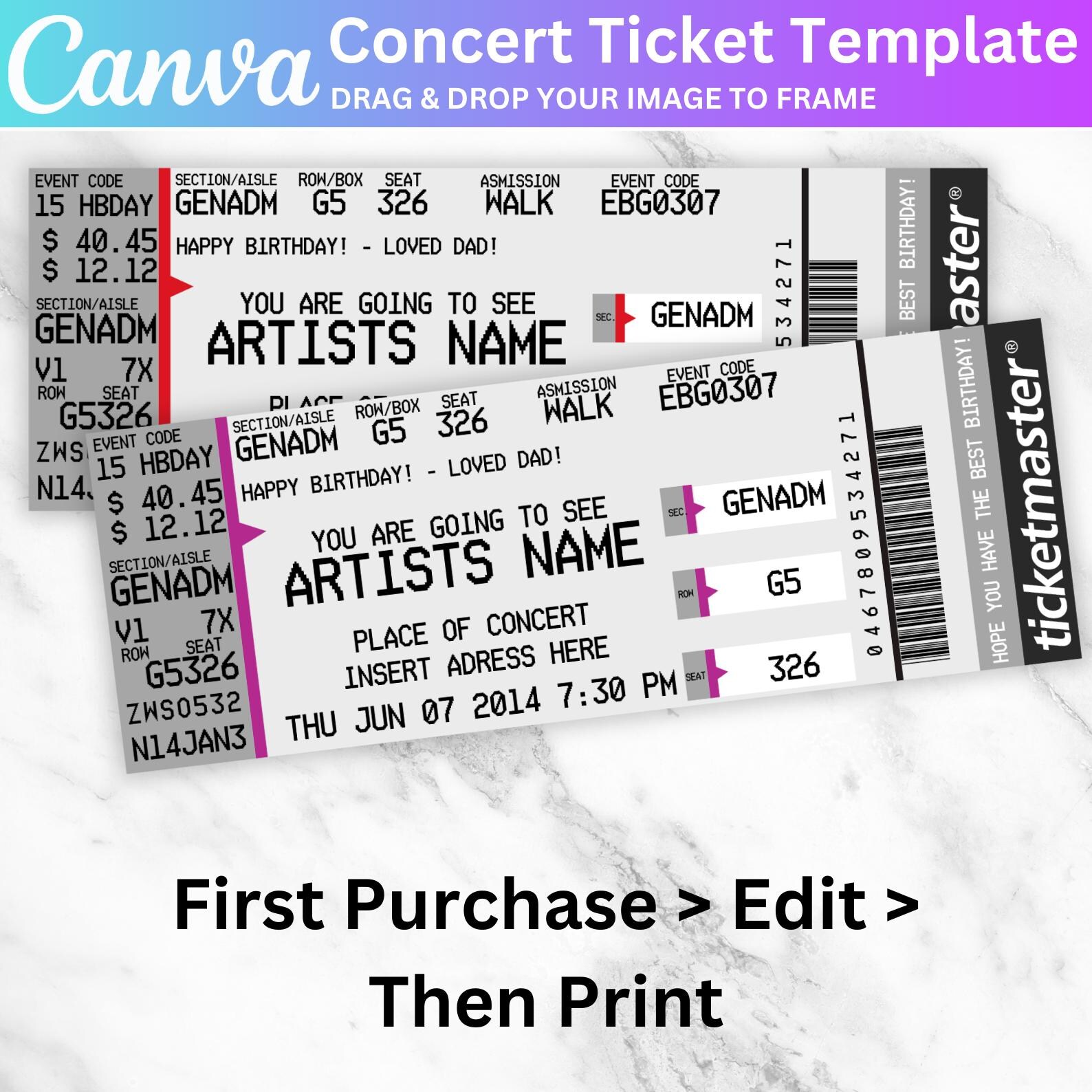 Concert Ticket Canva Editable Template, Ticketmaster Design, Surprise ...