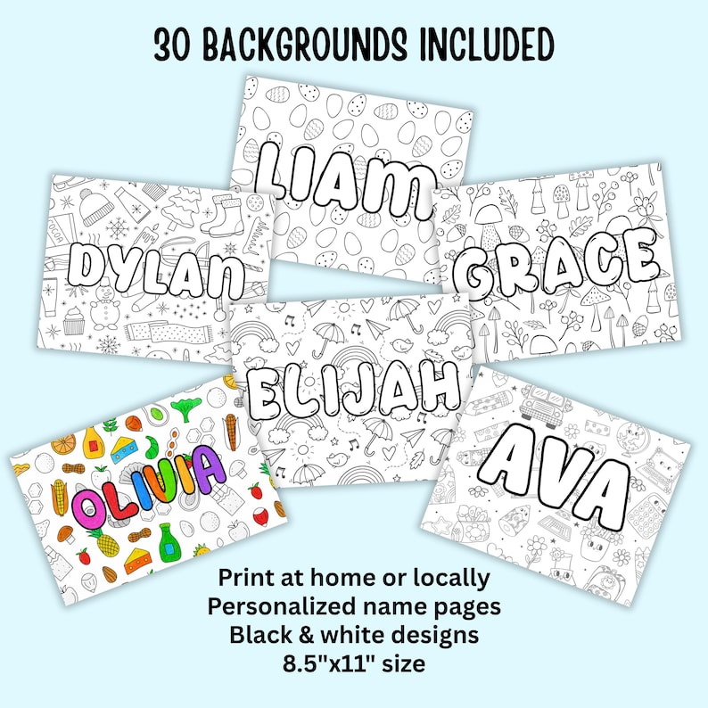 30 Custom Name Coloring Pages, Kids Activity Coloring Pages, 8.5x11 ...