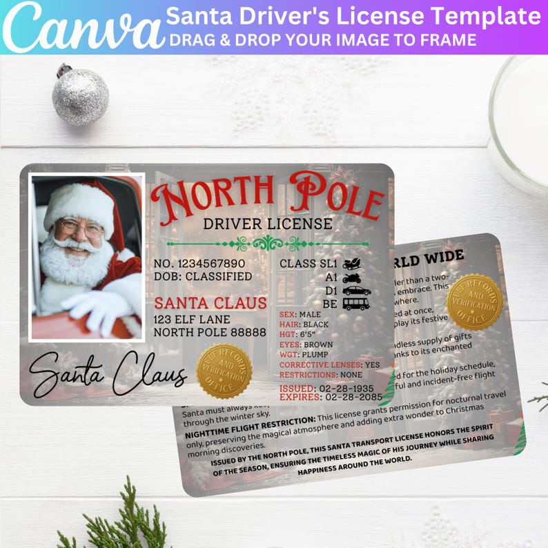 Santa Driver's License Printable, Canva Editable Santa Driver's License ...