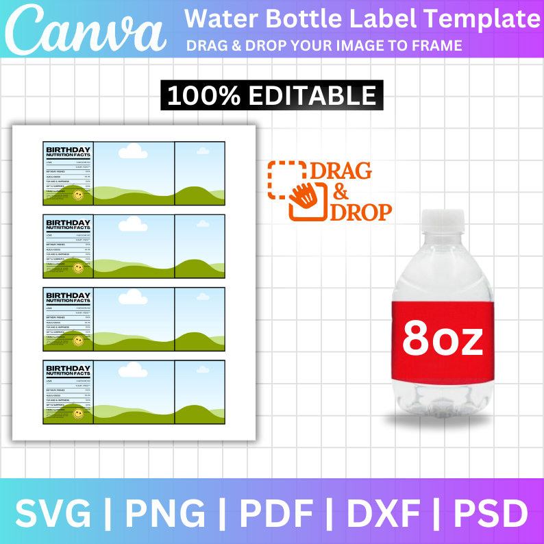 8 Oz Water Bottle Template, Water Bottle Label Template, DIY Label ...