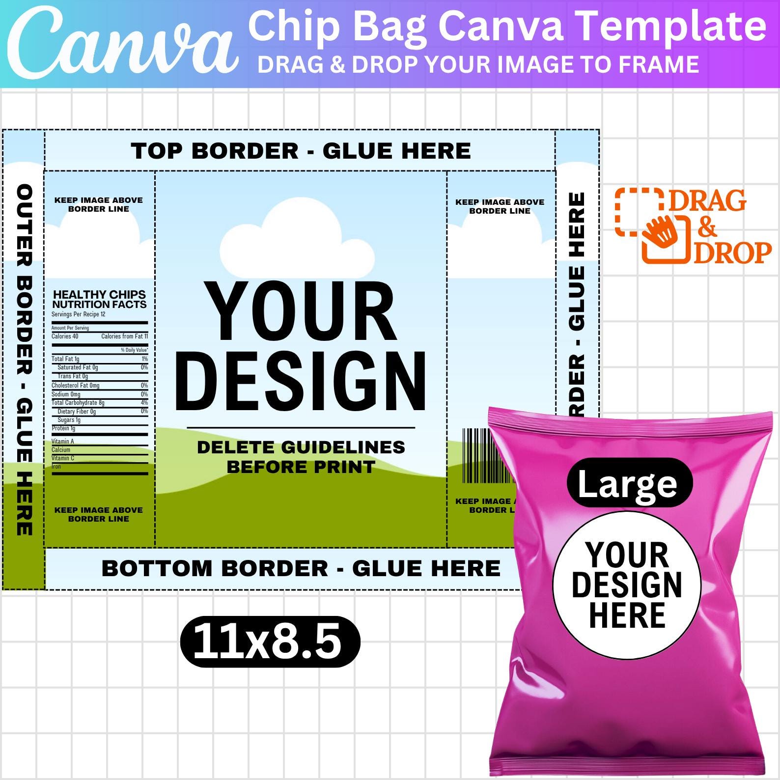 Chip Bag Templates, Chip Bag Label Bundle, 3 Sizes Chip Bag Editable ...