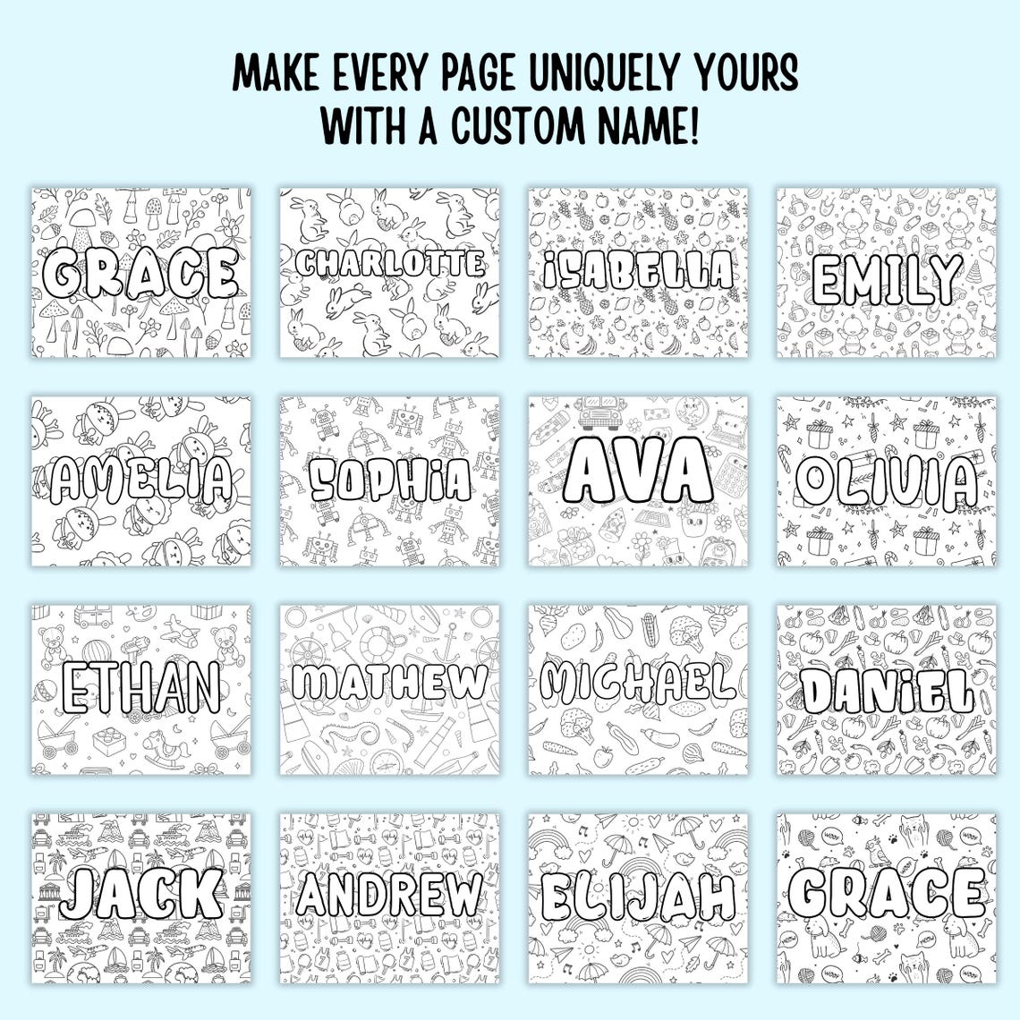 30 Custom Name Coloring Pages, Kids Activity Coloring Pages, 8.5x11 ...