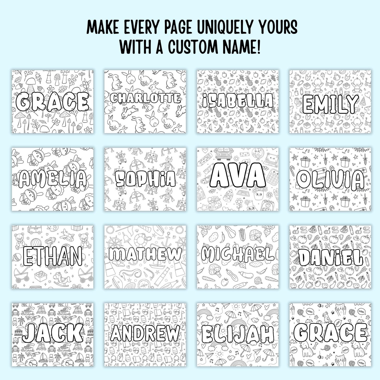 30 Custom Name Coloring Pages, Kids Activity Coloring Pages, 8.5x11 ...