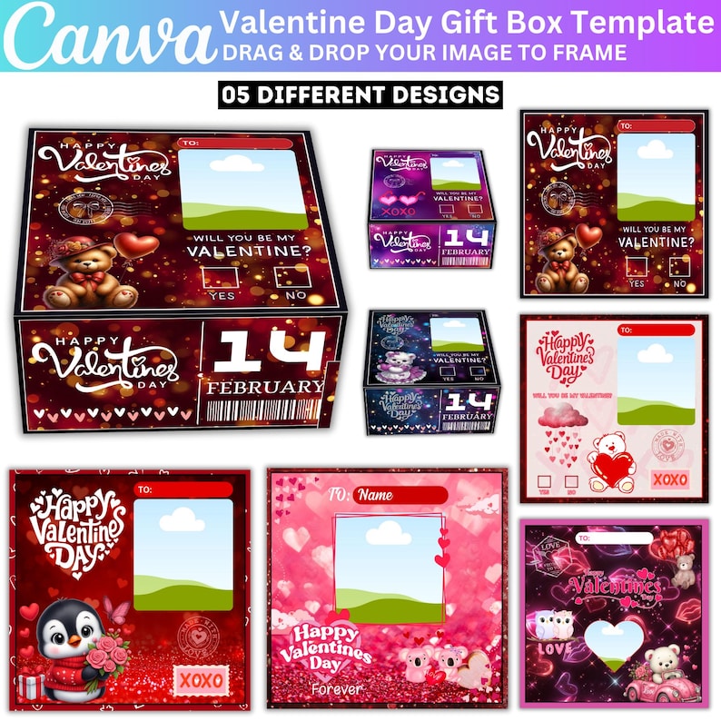 08 Valentine Love Box Template Labels, Valentine's Day Gift Box 8X8X4 ...