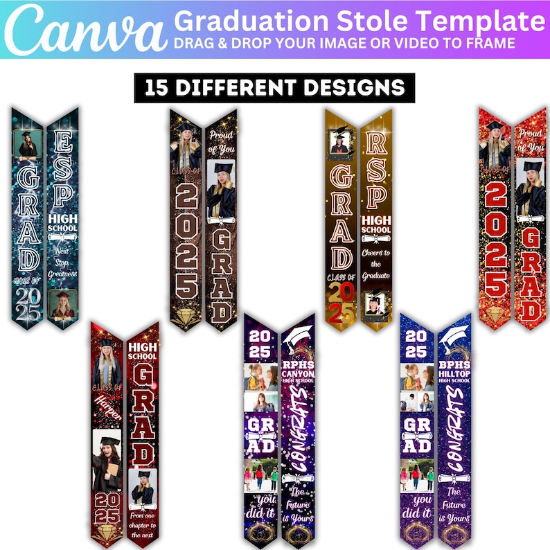 15 Graduation Stole Canva Editable Template Bundle, Graduation Sash ...