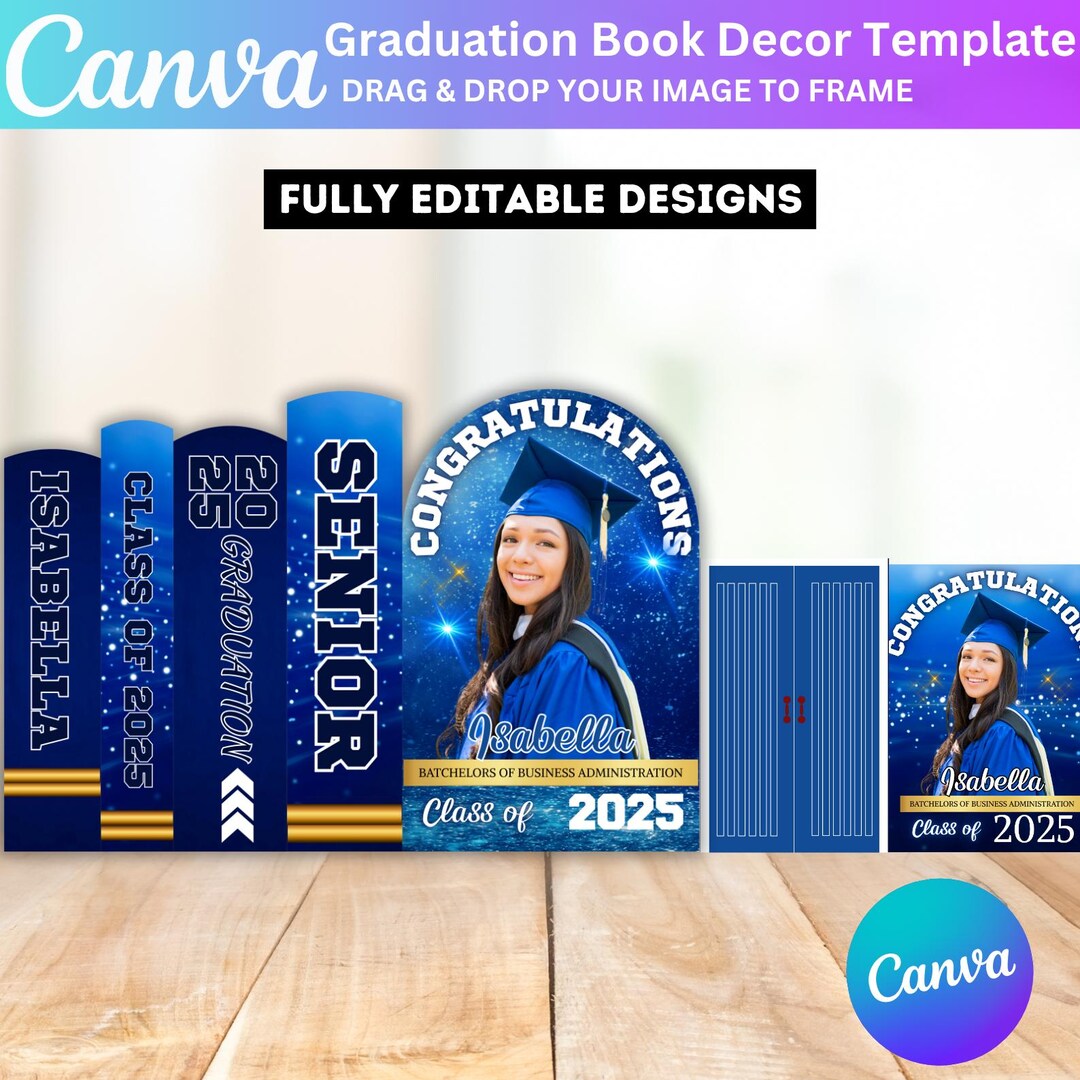 Blue Graduation Book Decor Canva Editable Template, Graduation Panel ...