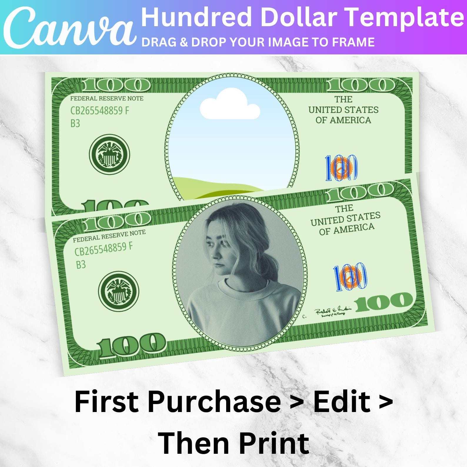 Personalized 100 Dollar Bill Template, Custom Hundred Dollar, Photo ...