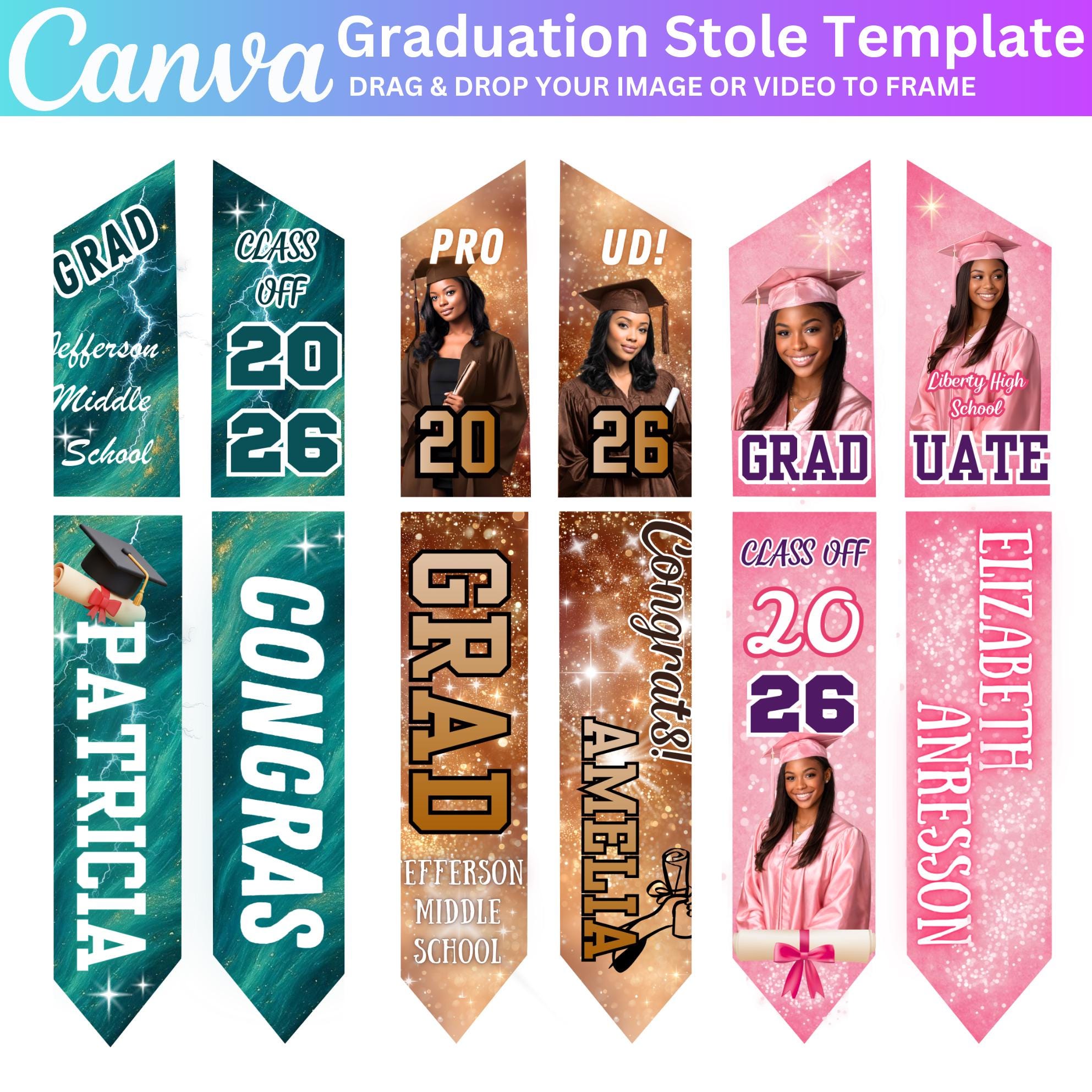15 Graduation Stole Canva Editable Template Bundle, Graduation Sash ...