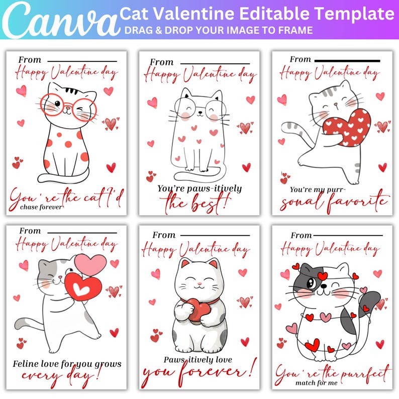 Printable Kitten Valentine's Day Cards, Canva Editable Cat Valentine ...