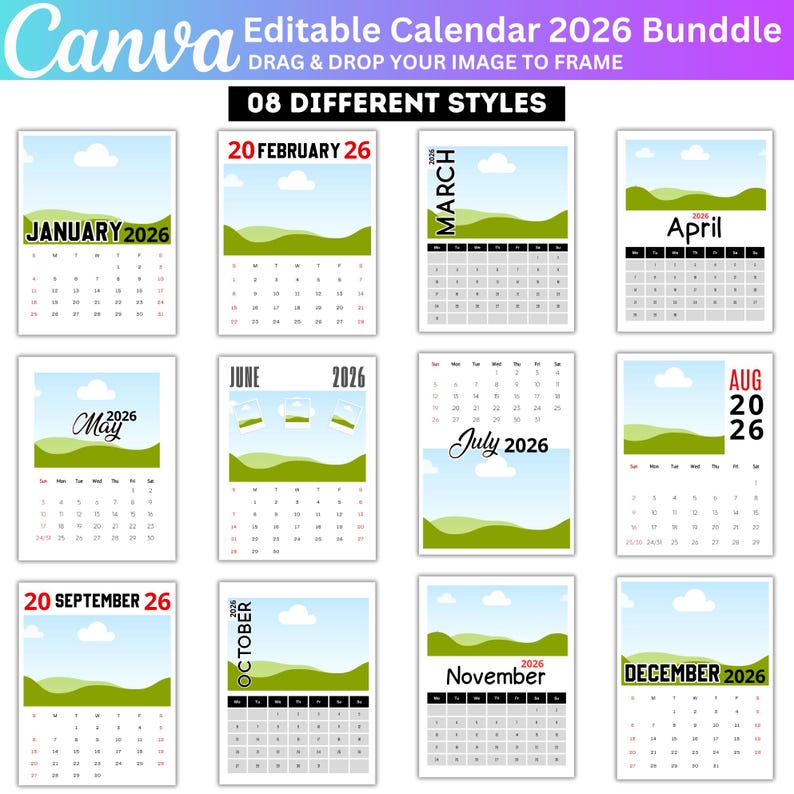 2026 Custom Family Photo Calendar Bundle, Canva Editable 2026 Calendar ...