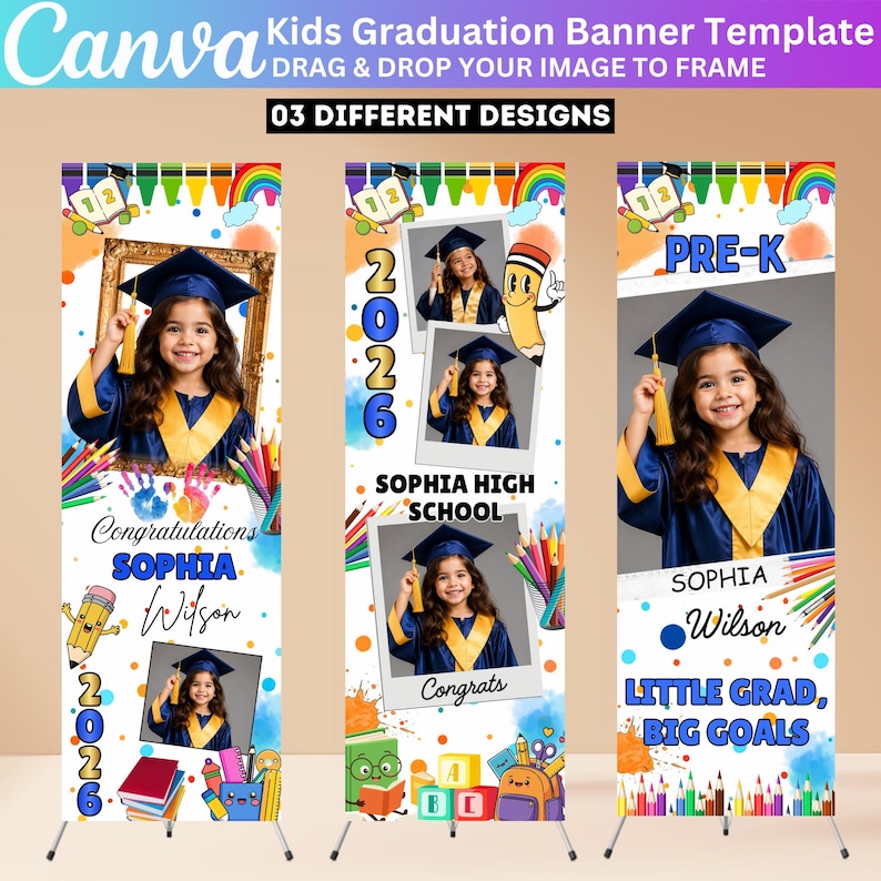 03 Kids Graduation Banner Canva Template, Editable Preschool Grad ...