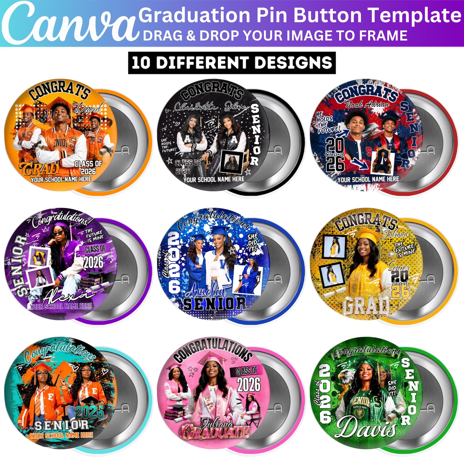 10 Graduation Pin Button Template, Canva Editable Congrats Grad Class ...