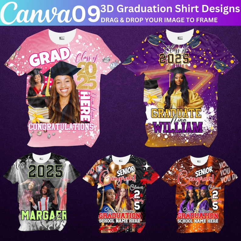 09 Graduation 3D Tee Shirt Designs Bundle, Grad 2025 Canva Editable T ...