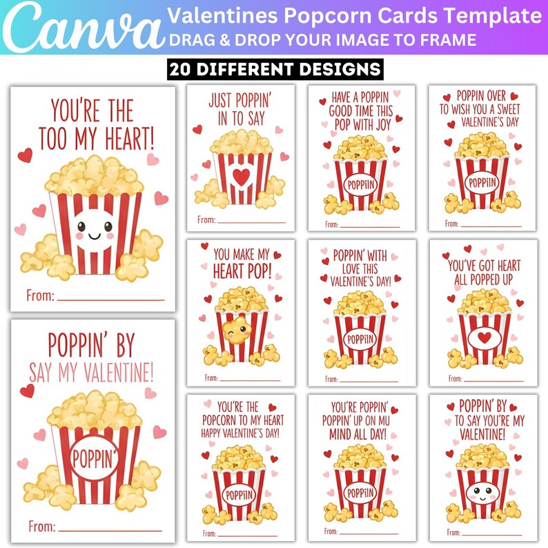 20 Printable Poppin by Popcorn Classroom Valentine Cards, Valentine ...