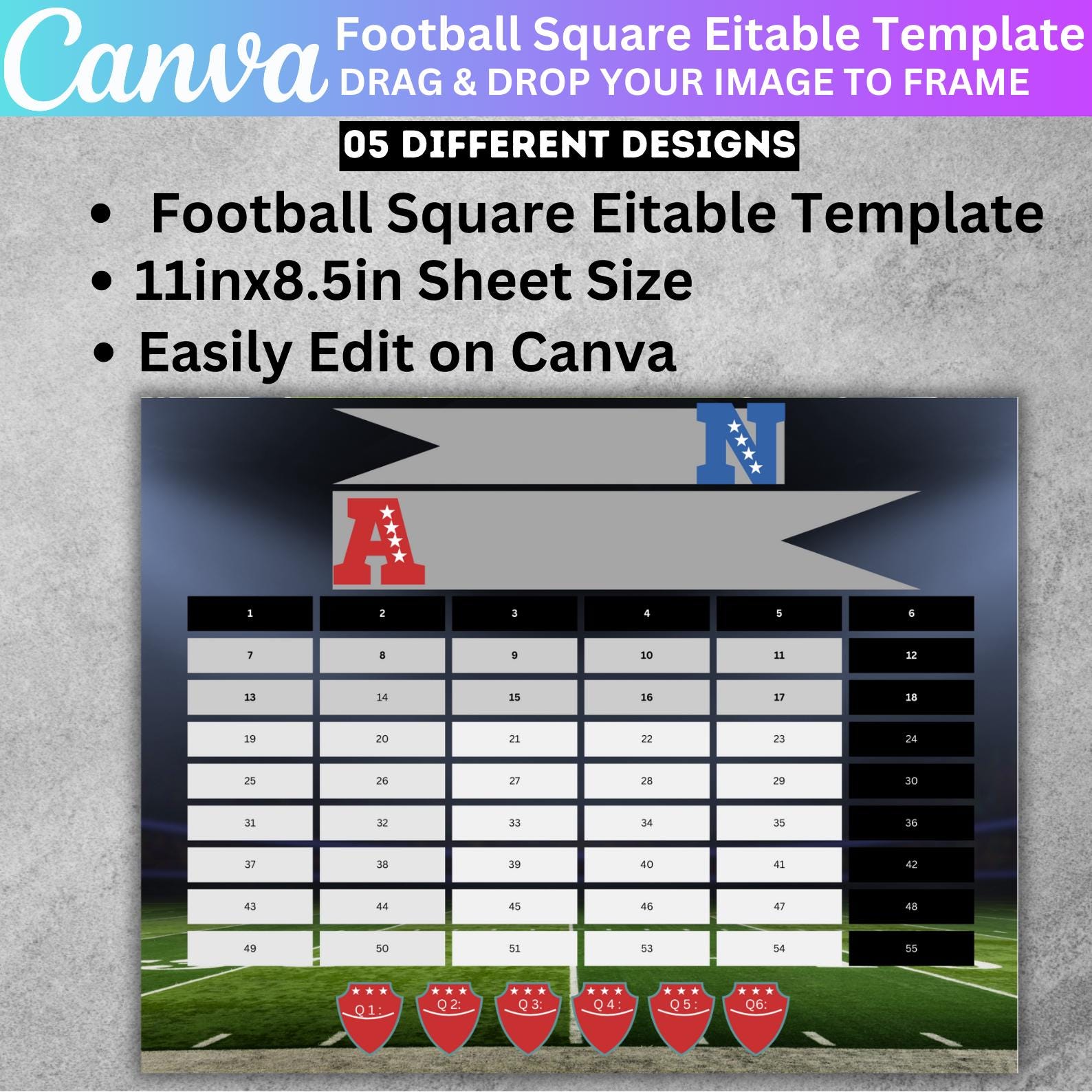 Football Squares Canva Editable Template, 100 Super Big Game Squares ...