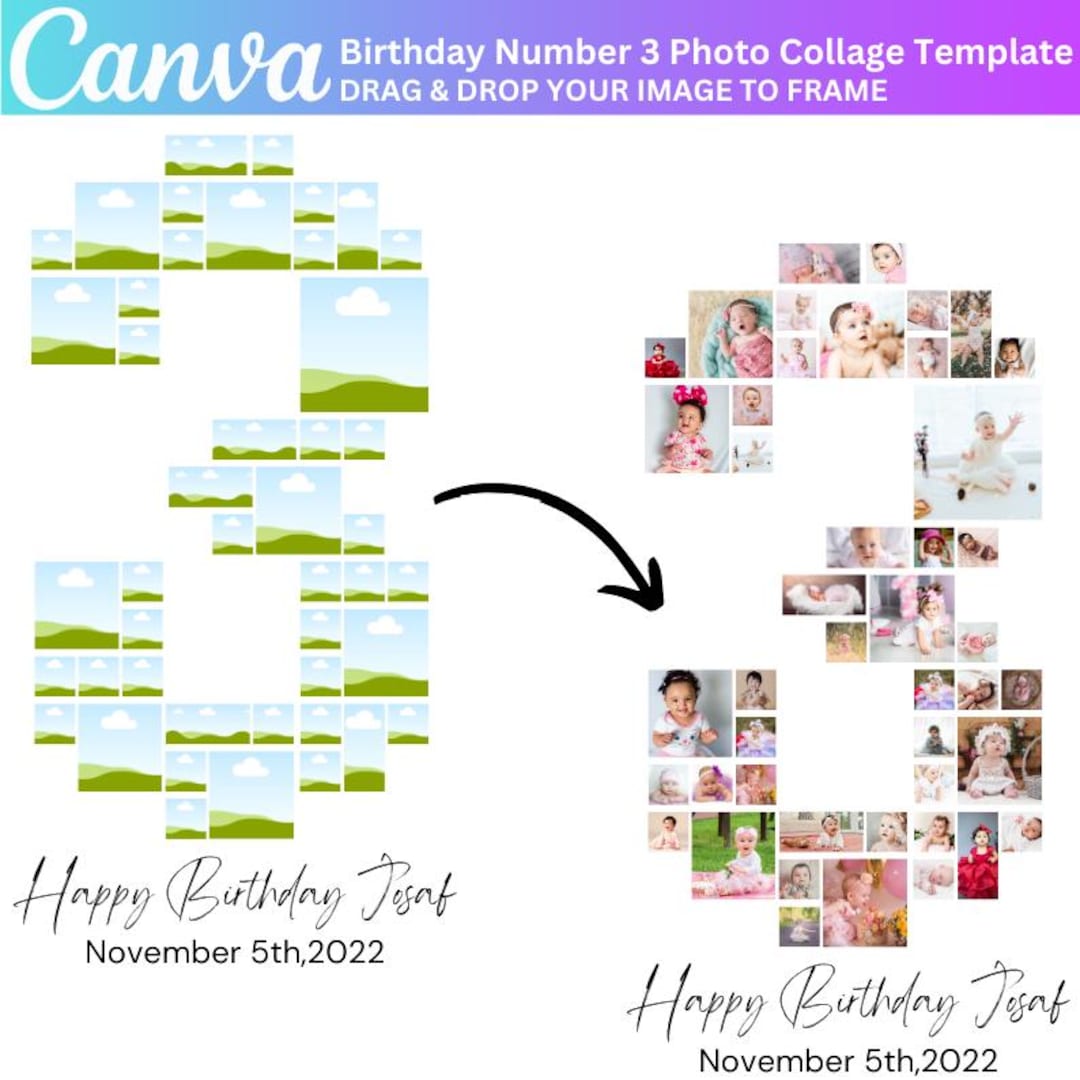 Custom 3 Number Picture Collage, Canva Template, Editable 3rd Birthday ...