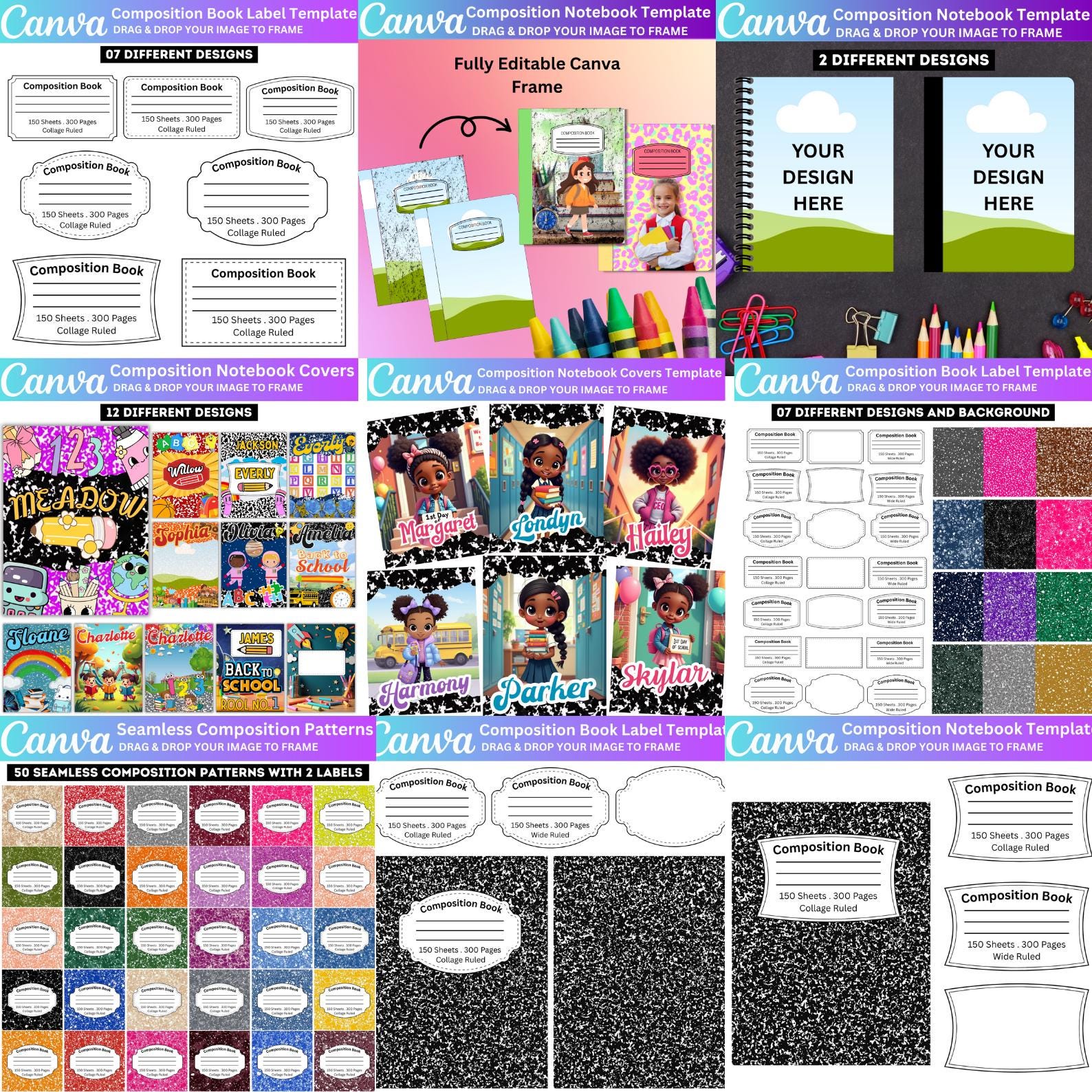 Composition Notebook Cover Mega Bundle, Editable Composition Book Canva ...