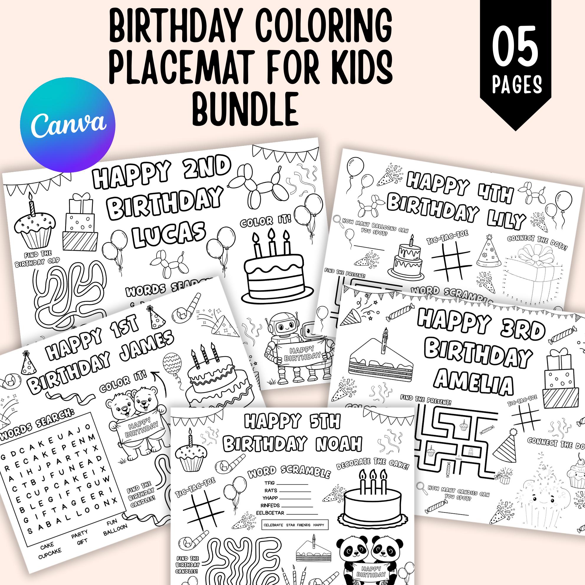 Birthday Coloring Placemat for Kids, Personalized Kids Activity ...