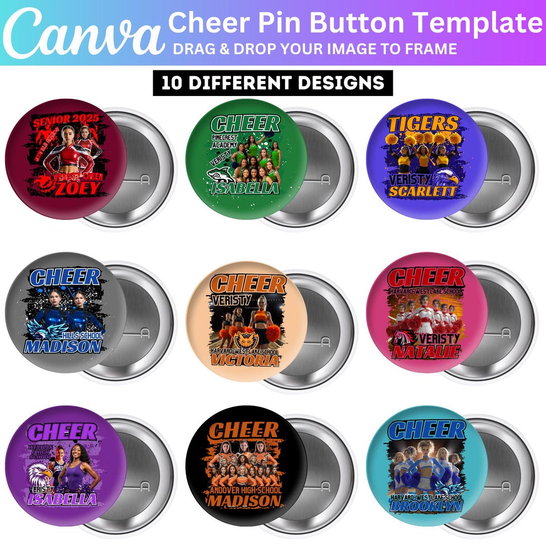 10 Cheer Pin Button Canva Editable Template, Cheerleader Sticker ...