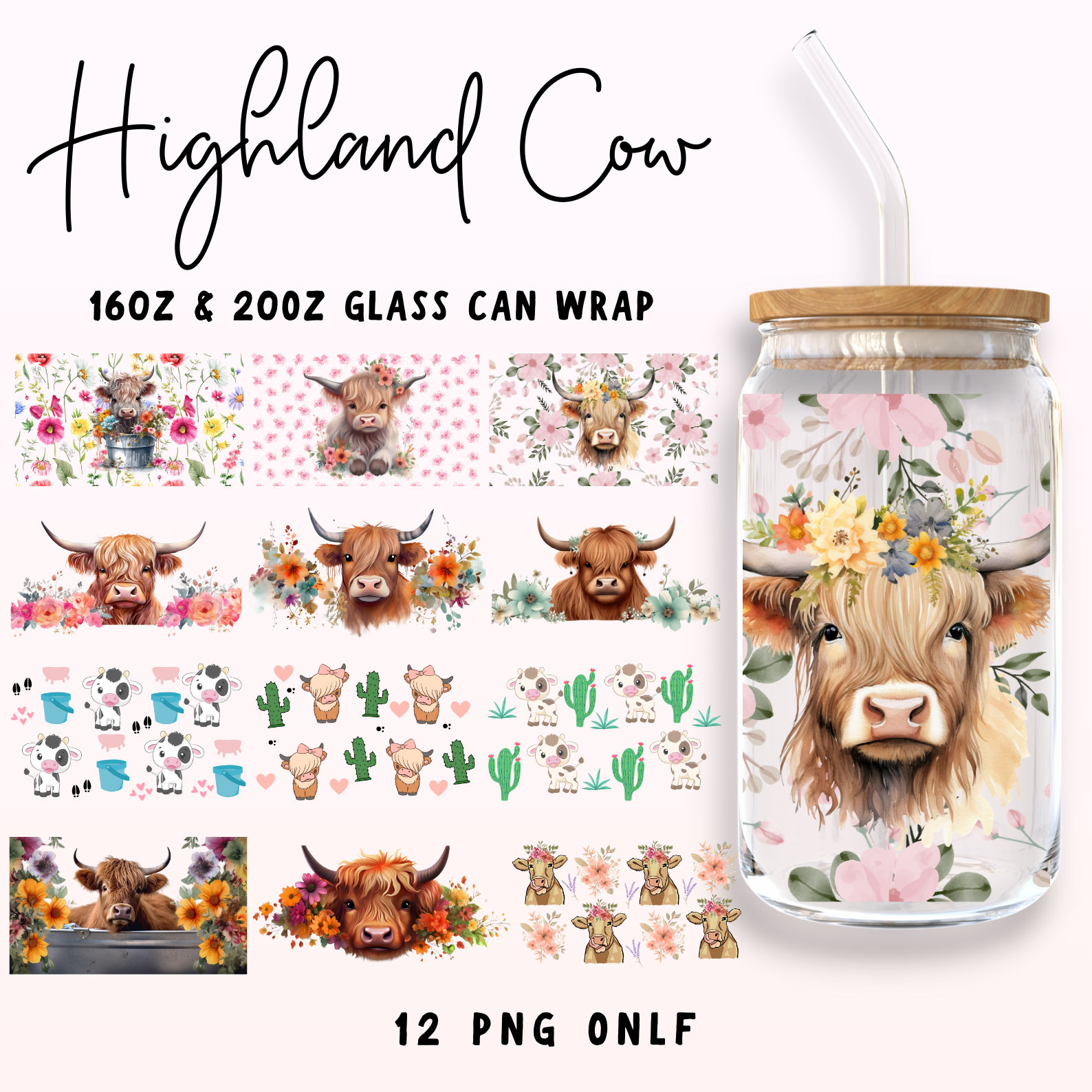 Highland Cow Libbey Glass Wrap PNG, 16oz & 20oz Highland Cow Bundle ...