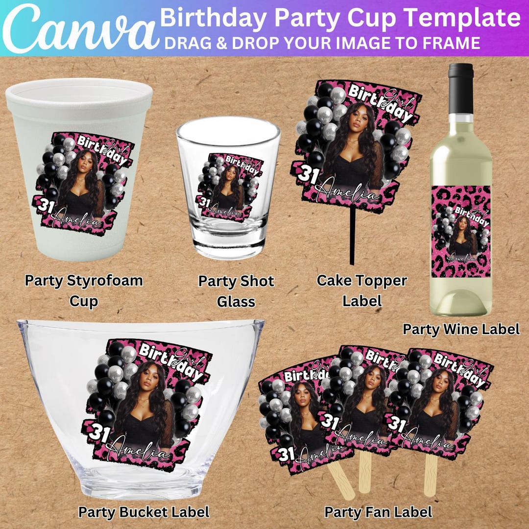 Canva Editable Pink Birthday Party Designs, Birthday Party Cup Template ...