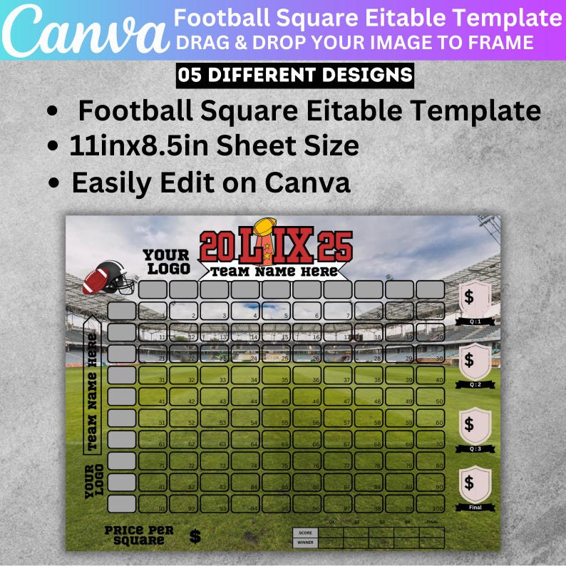 Football Squares Canva Editable Template, 100 Super Big Game Squares ...