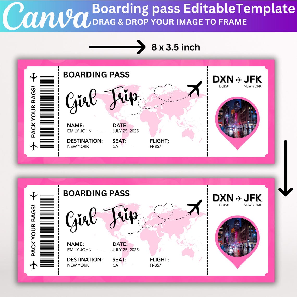 Editable Boarding Pass Template, Girl Trip Airline Ticket, Canva ...