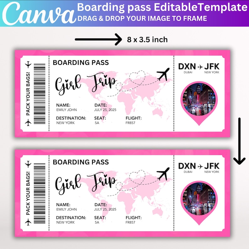 Editable Boarding Pass Template, Girl Trip Airline Ticket, Canva ...