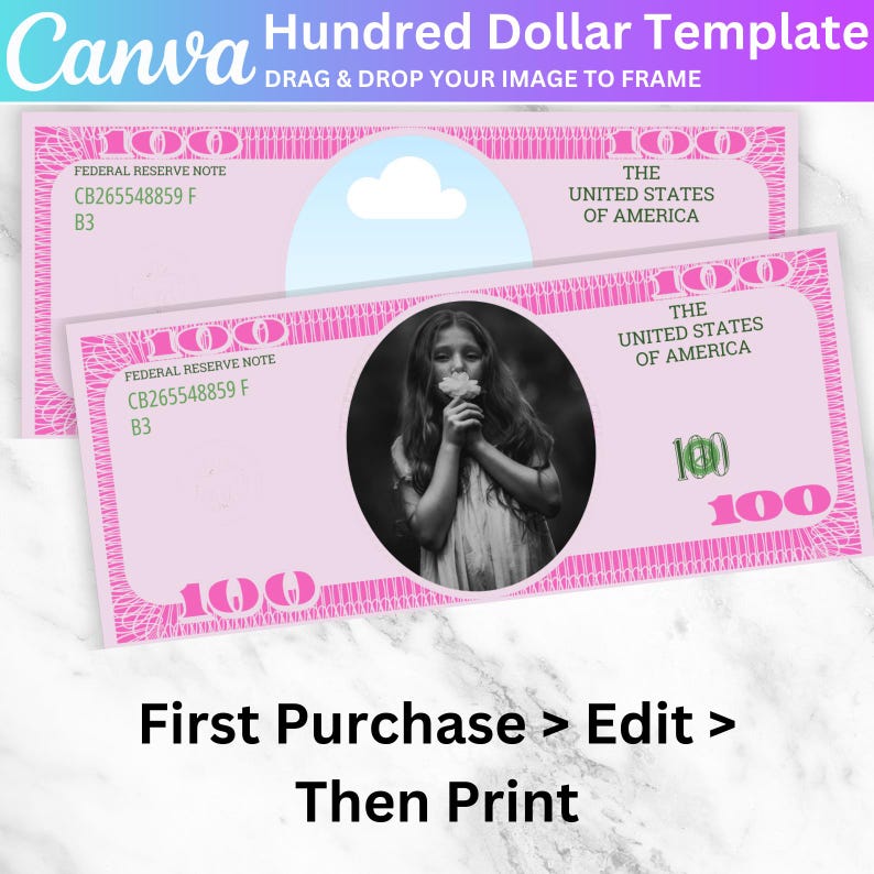 Personalized 100 Dollar Bill Template, Custom Hundred Dollar, Photo ...