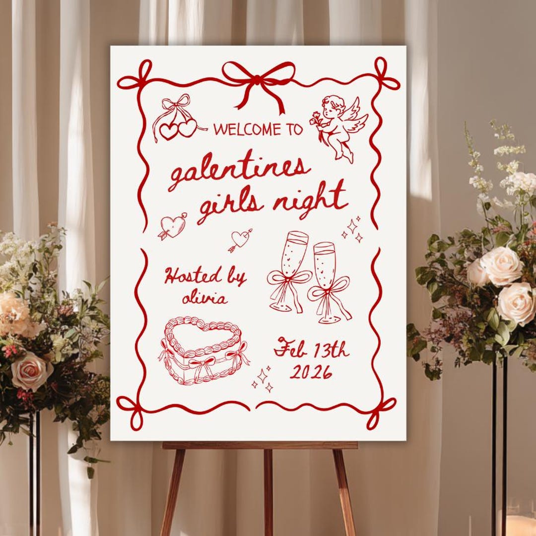 Editable Galentines Party Welcome Sign, Whimsical Hand Drawn Sign Board ...