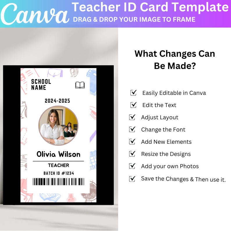 Teacher ID Card Canva Editable Template, Customizable ID Card Template ...