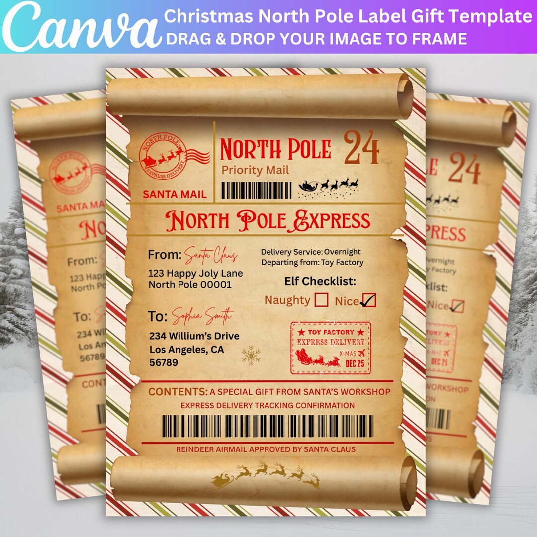 Editable North Pole Christmas Label Canva Template, Santa Mail Sticker ...