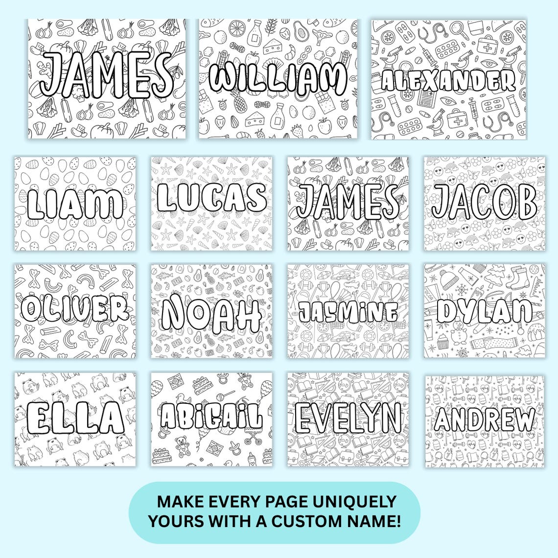 30 Custom Name Coloring Pages, Kids Activity Coloring Pages, 8.5x11 ...