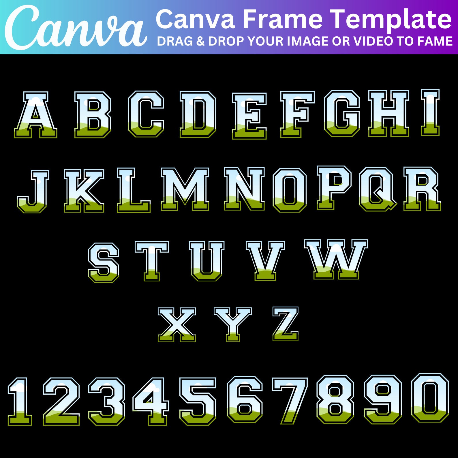 Canva Alphabets Template, Canva Alphabet Font, Varsity Canva Template ...