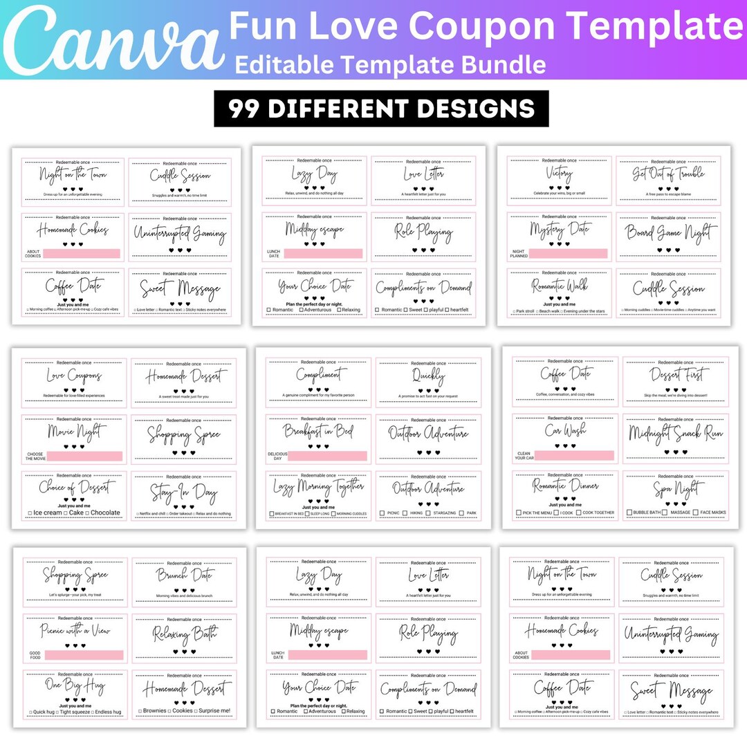 66 Fun Love Coupon Canva Editable Book, Valentine's Day Coupons, Canva ...