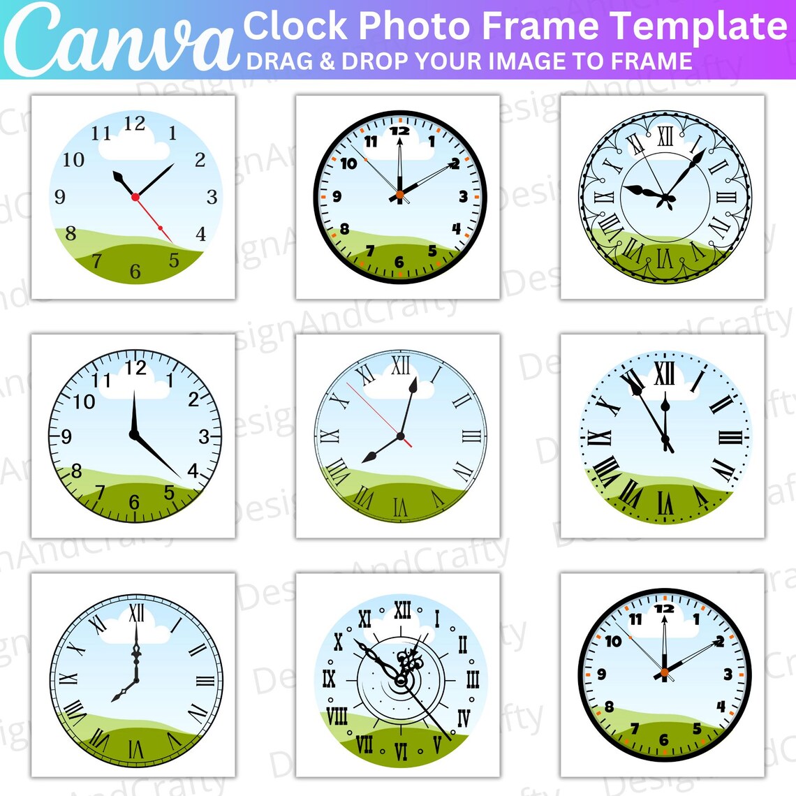 08 Clock Photo Collage Template, Round Clock Sublimation Canva Editable ...