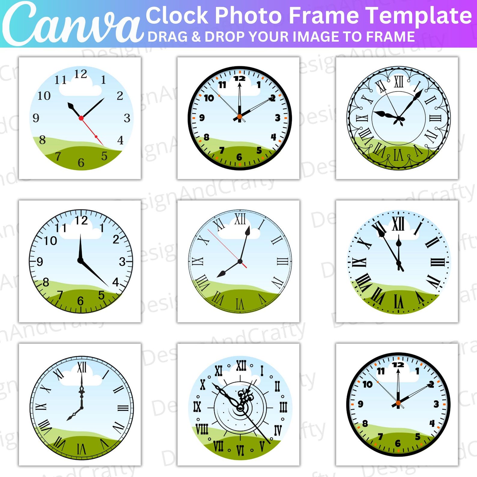 08 Clock Photo Collage Template, Round Clock Sublimation Canva Editable ...