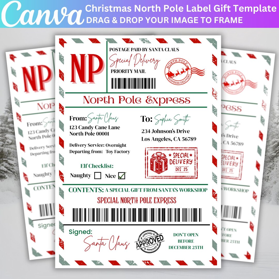 North Pole Christmas Label Canva Template, Santa Mail Sticker Label ...