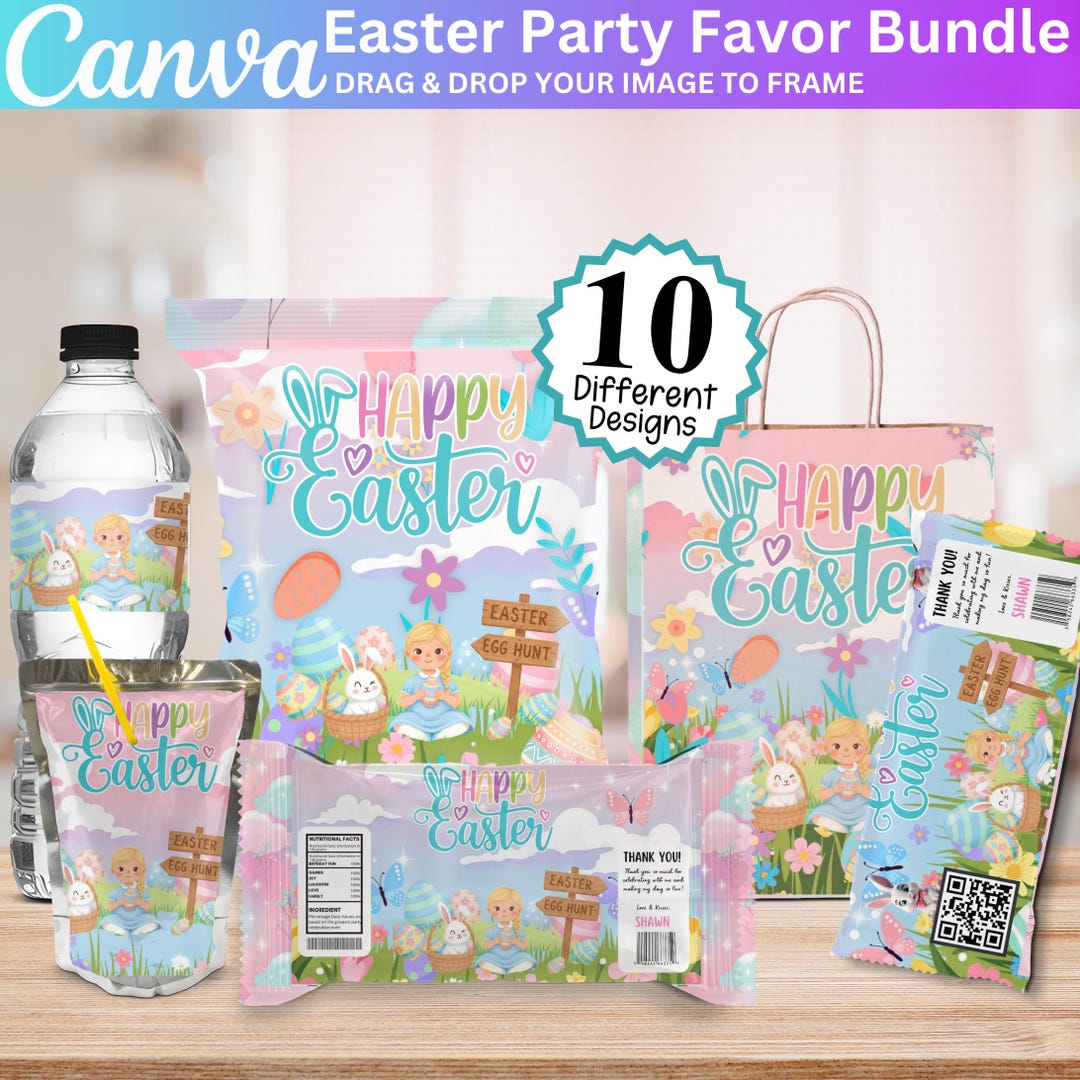 Easter Party Favors Pack, Easter Chip Bag, Water Bottle Template ...