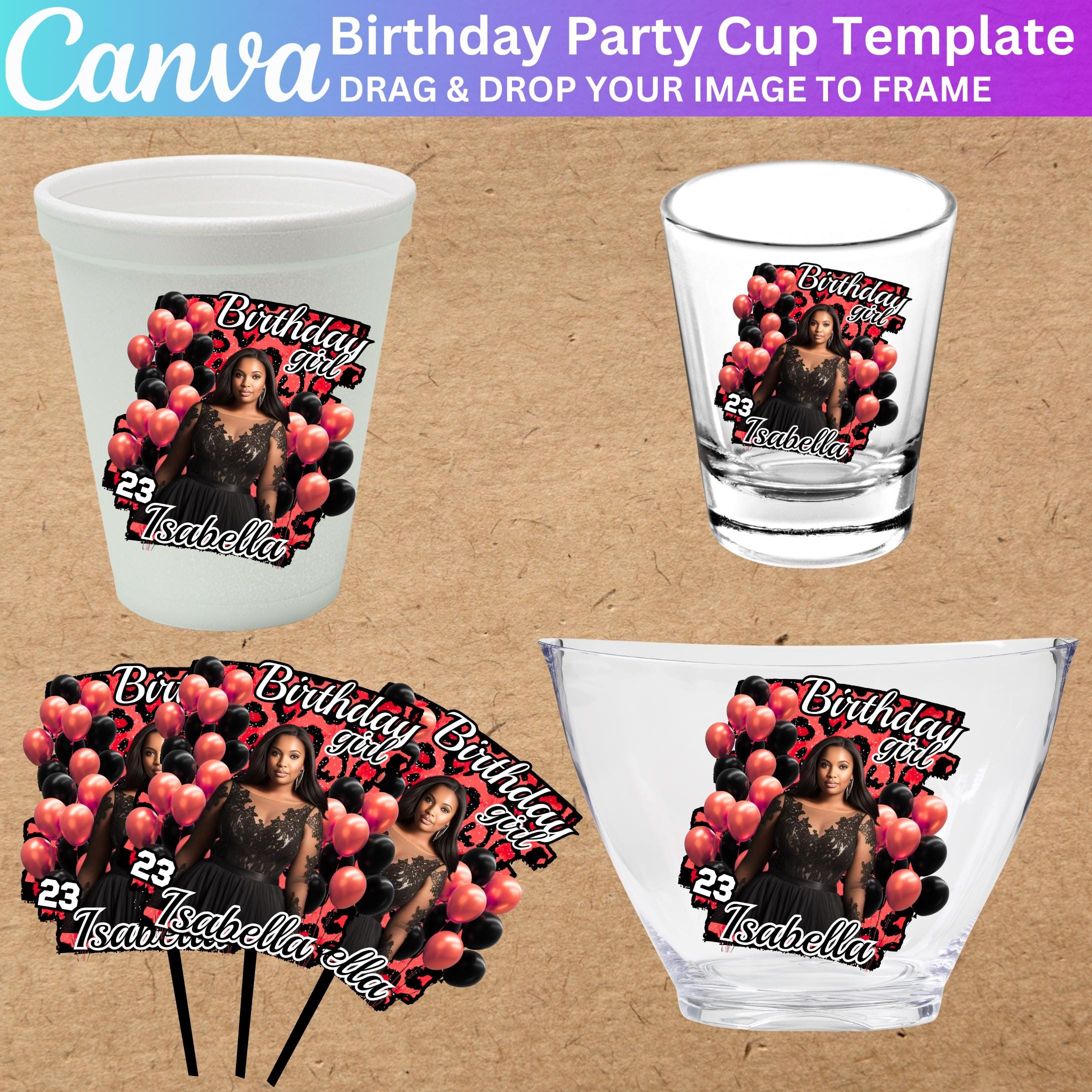 Canva Editable Red Birthday Party Designs, Birthday Party Cup Template ...