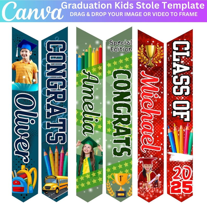 Kids Graduation Stole Canva Editable Template, Grad Kids Stole 2026 ...