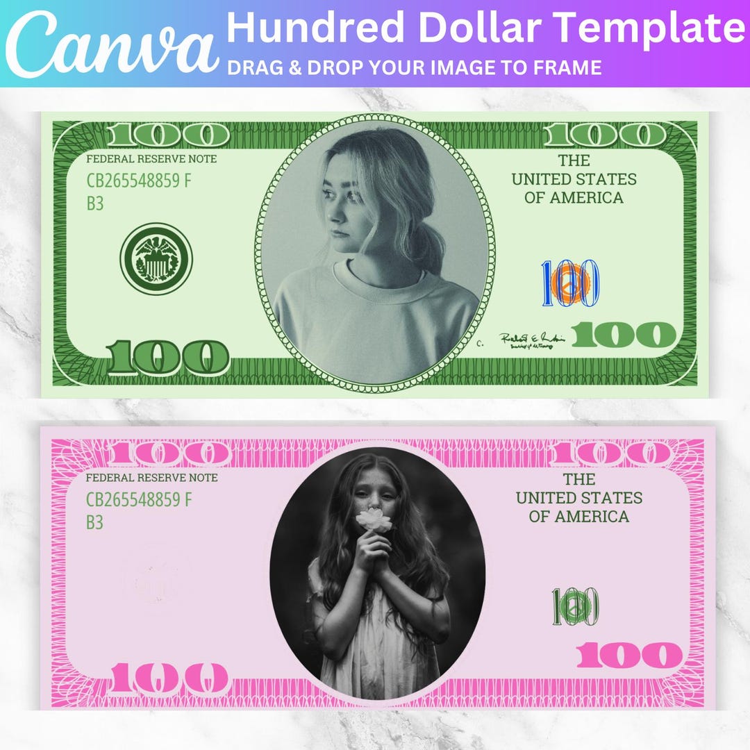 Personalized 100 Dollar Bill Canva Editable Template, Custom Hundred ...