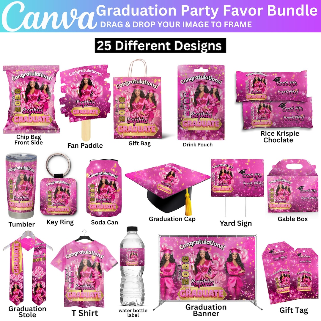 Pink Graduation 2026 Party Favor Bundle, Canva Editable Designs, Chip ...