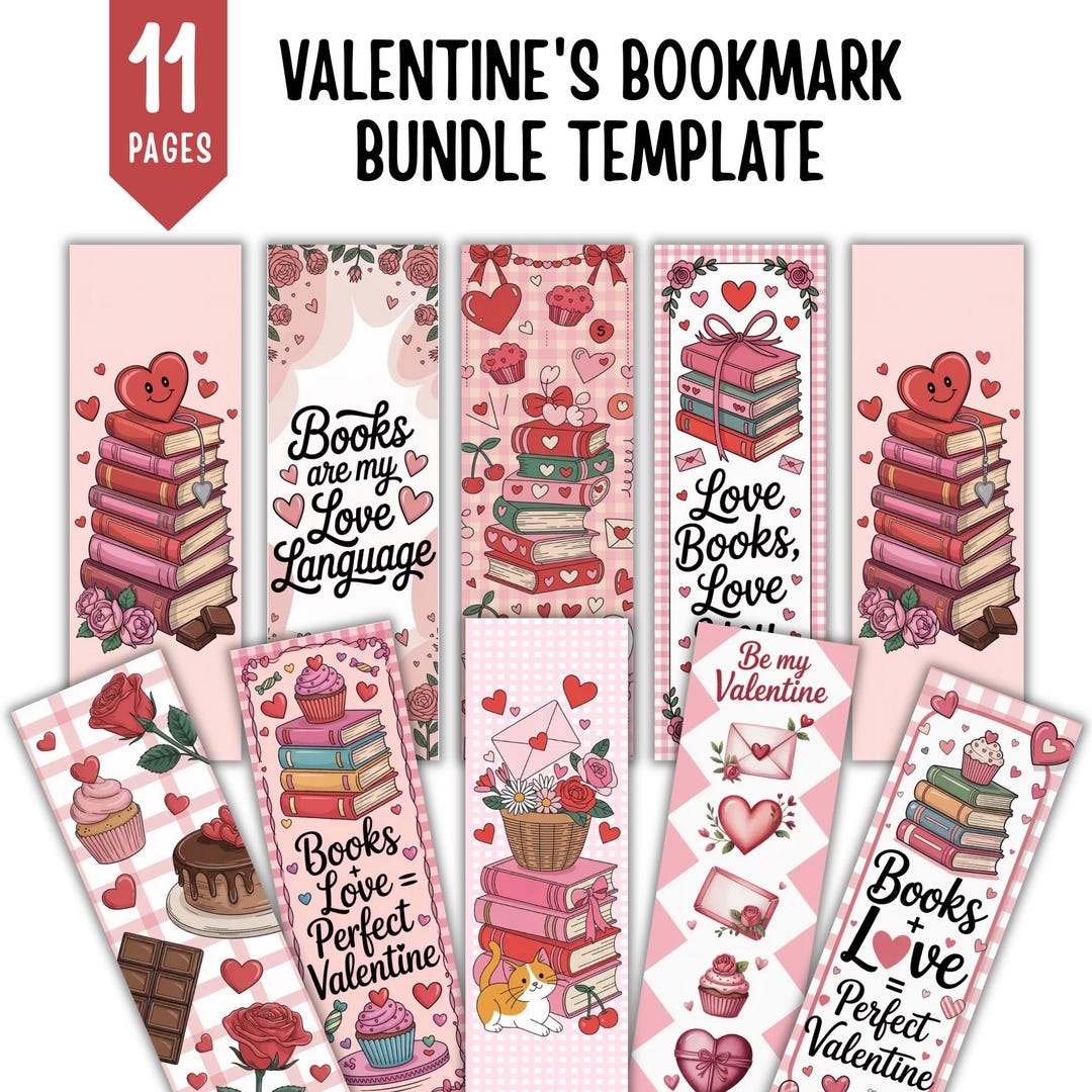 10 Valentine's Bookmark Bundle, Printable Cozy Vday Bookmark, Heart ...