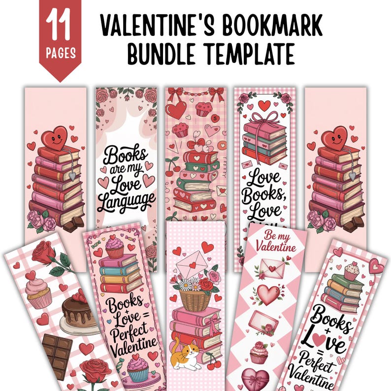 10 Valentine's Bookmark Bundle, Printable Cozy Vday Bookmark, Heart ...