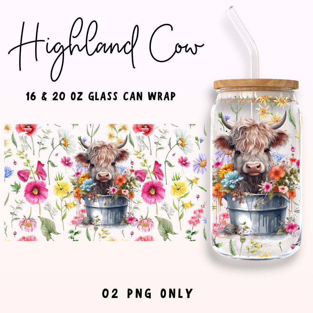Highland Cow Libbey Glass Wrap PNG, 16oz & 20oz Highland Cow, Floral ...